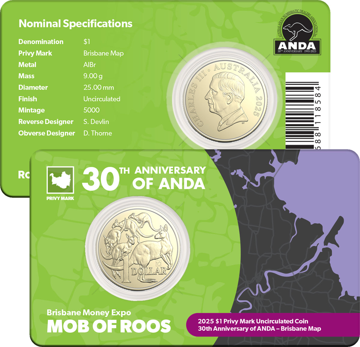 Brisbane Money Expo 2025 - 2025 $1 Mob of Roos with Brisbane Map Privy ...