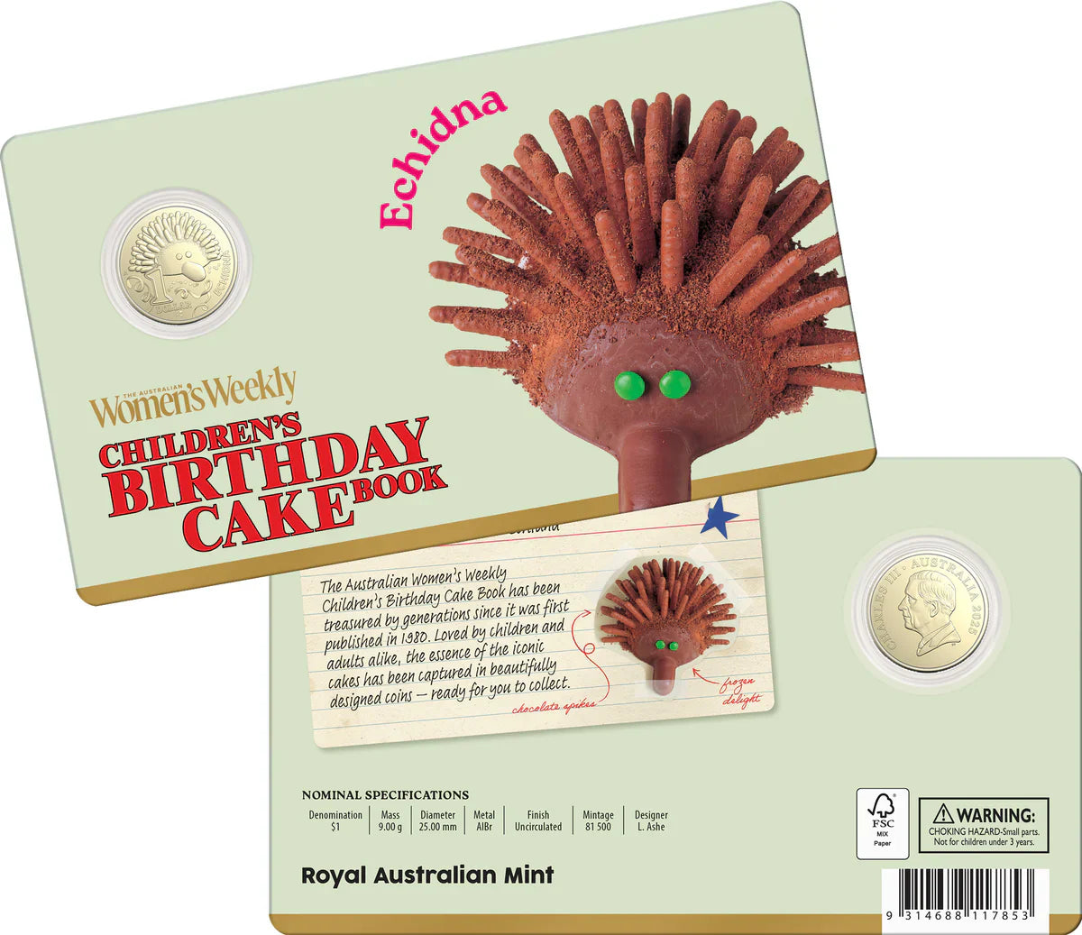 AWW Birthday Cake Echidna 2025 $1 Uncirculated Coin in Card – Aussie ...